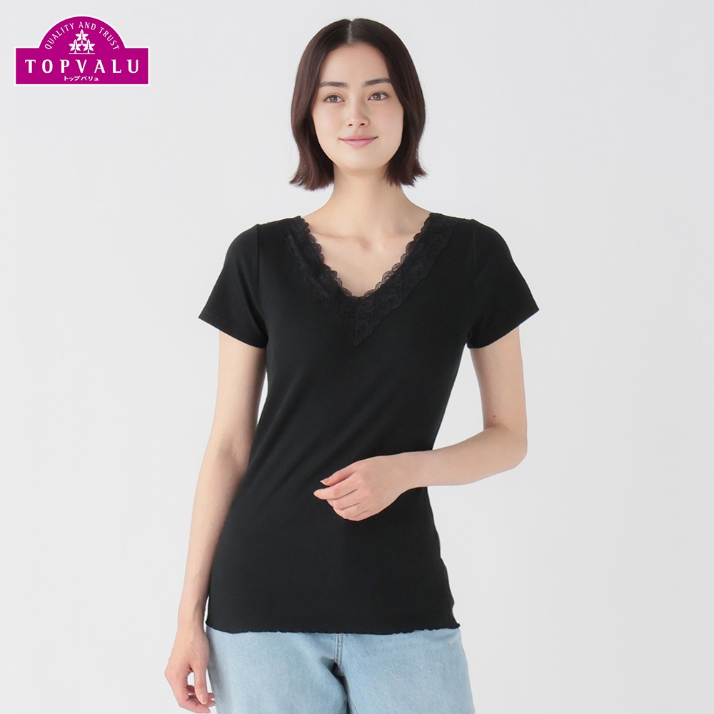 トップバリュ(TOPVALU) オーガニックコットン リブ レース付3分袖 レディス | イオンスタイルオンライン 衣料品・暮らしの品をネットでお買物